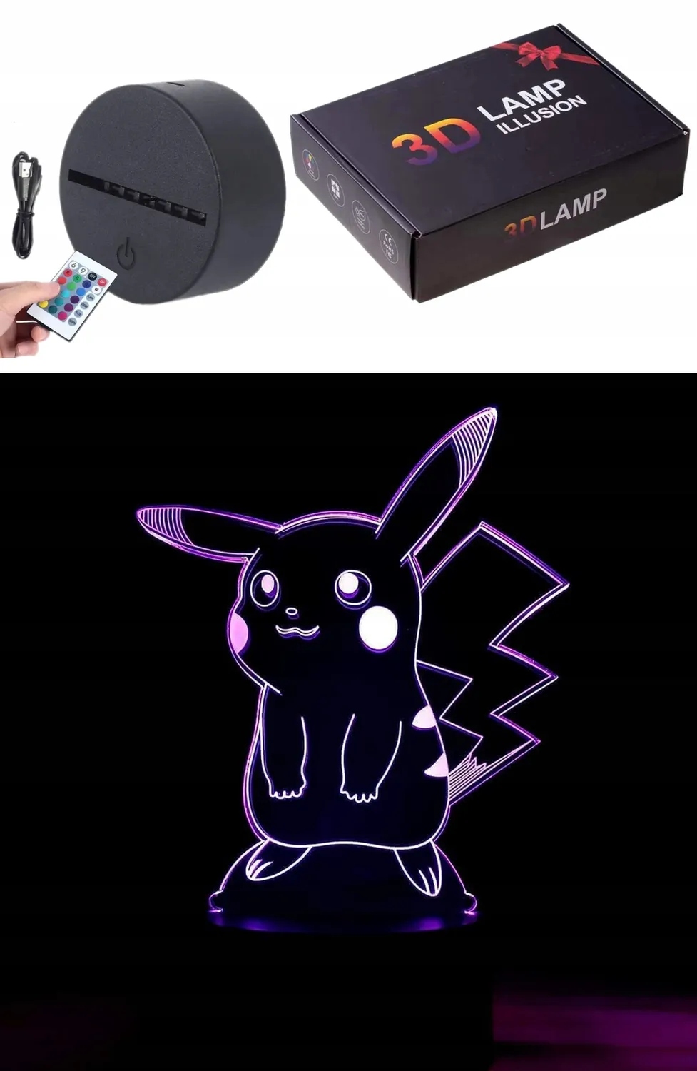 LAMPKA NOCNA NEON AKRYL DEKORACJA 3D HOLOGRAM LED RGB POKEMON PIKACHU ...