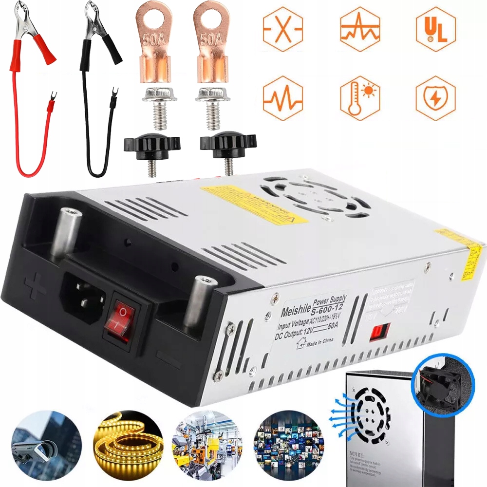 Zasilacz Transformator 12V 600W 50A Montażowy Do Taśmy LED kabel ...