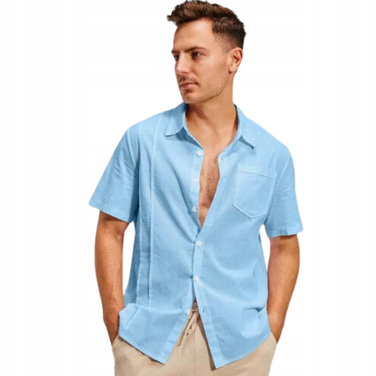 PÁNSKA ĽANOVÁ BAVLNENÁ KOŠEĽA S KRÁTKYM RUKÁVOM LETNÁ ELEGANTNÁ PLÁŽOVÁ ...