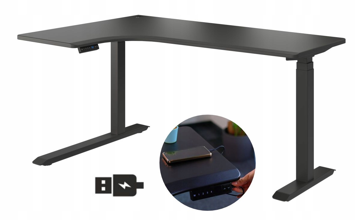 Biurko narożne czarne lewostronne elektryczne USB (gtdhryj452) • Cena ...