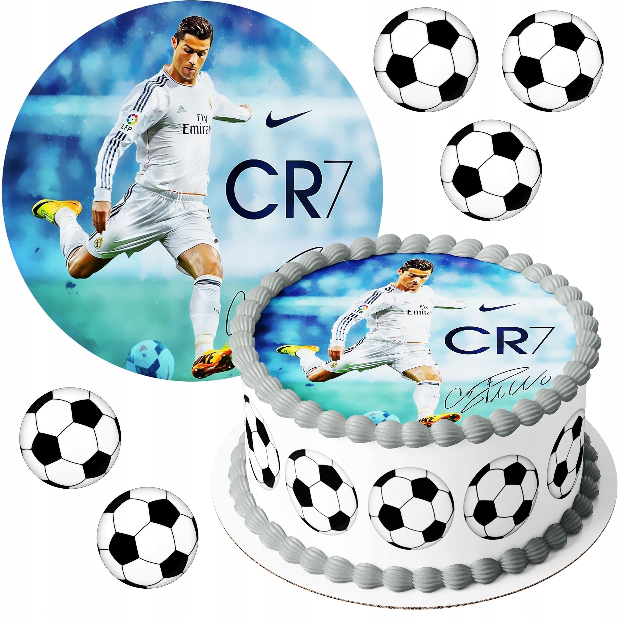 Opłatek na tort CRISTIANO RONALDO piłka dekoracja tekst ZESTAW urodziny ...