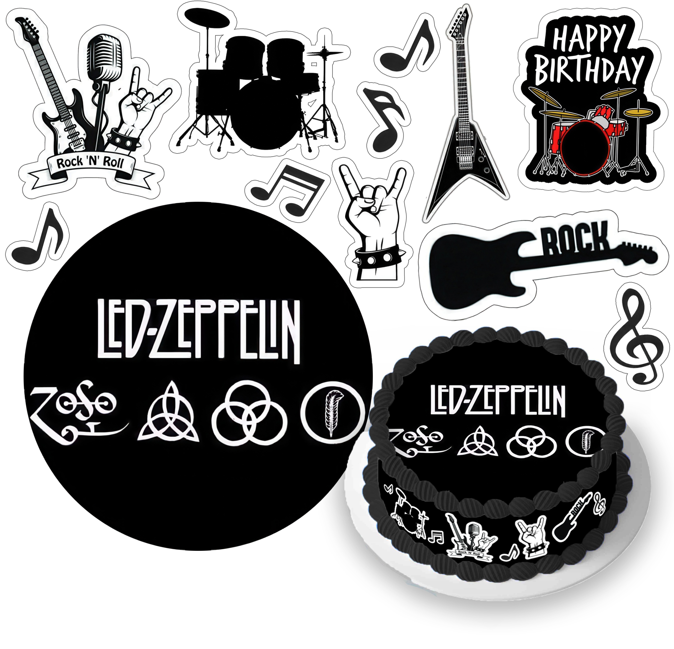 MEGA ZESTAW OPŁATEK NA TORT Led Zeppelin HARD ROCK + POSTACIE + TEKST 2 ...