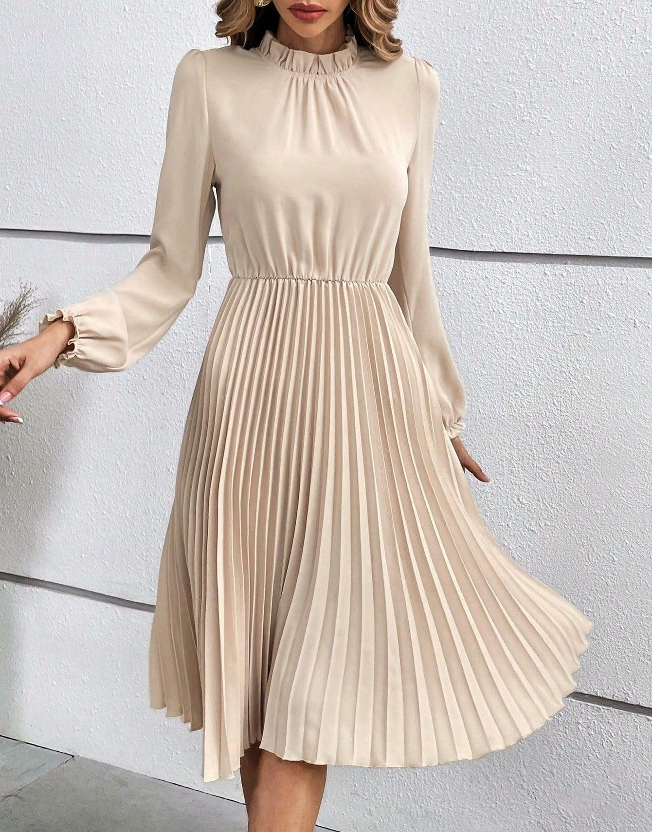 BEŻOWA ELEGANCKA ROZKLOSZOWANA PLISOWANA SUKIENKA MIDI DŁUGI RĘKAW SHEIN 36 15367131159 - Allegro.pl