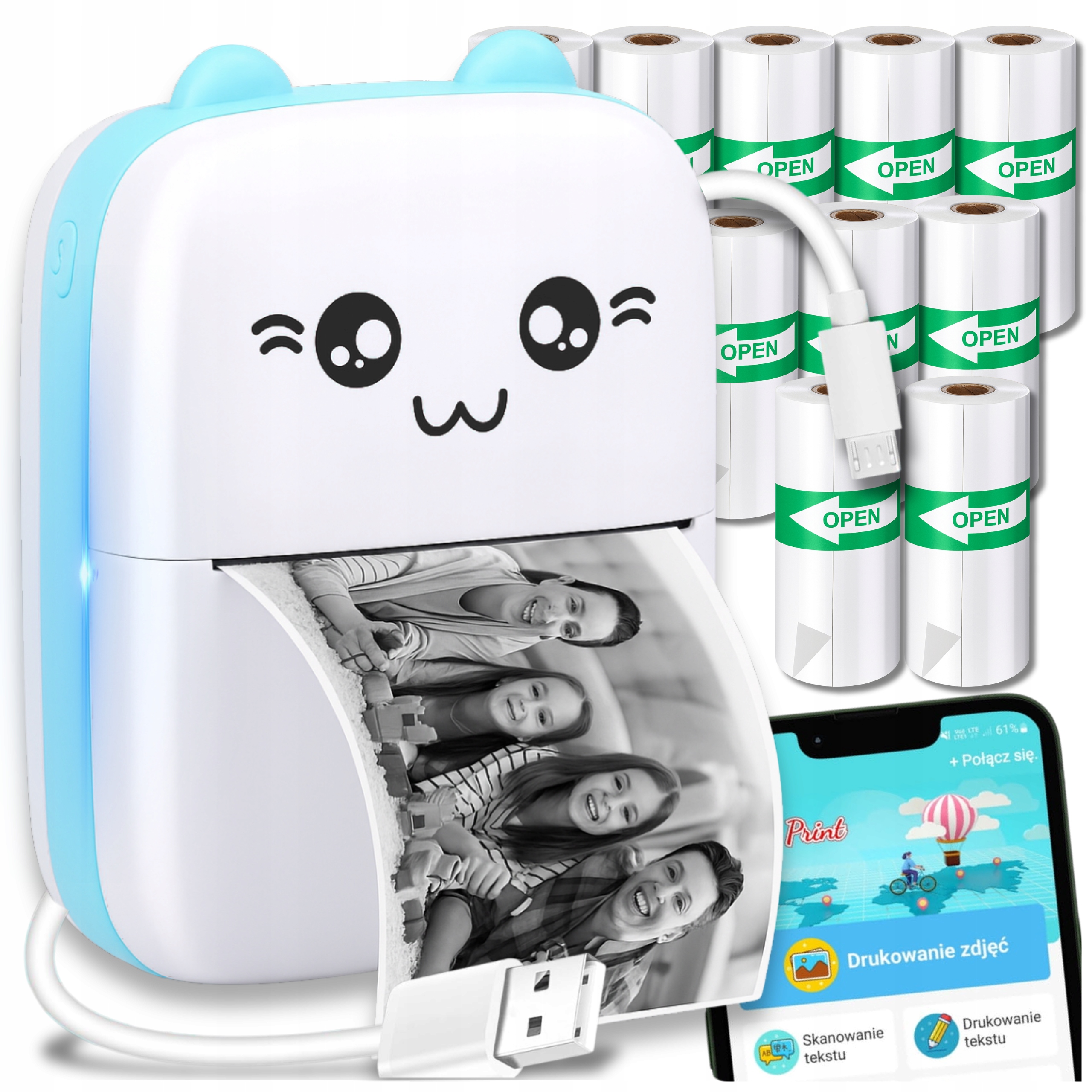 Mini Termální Tiskárna Kočka + 11 Rolí Papíru pro Fotky a Poznámky ...