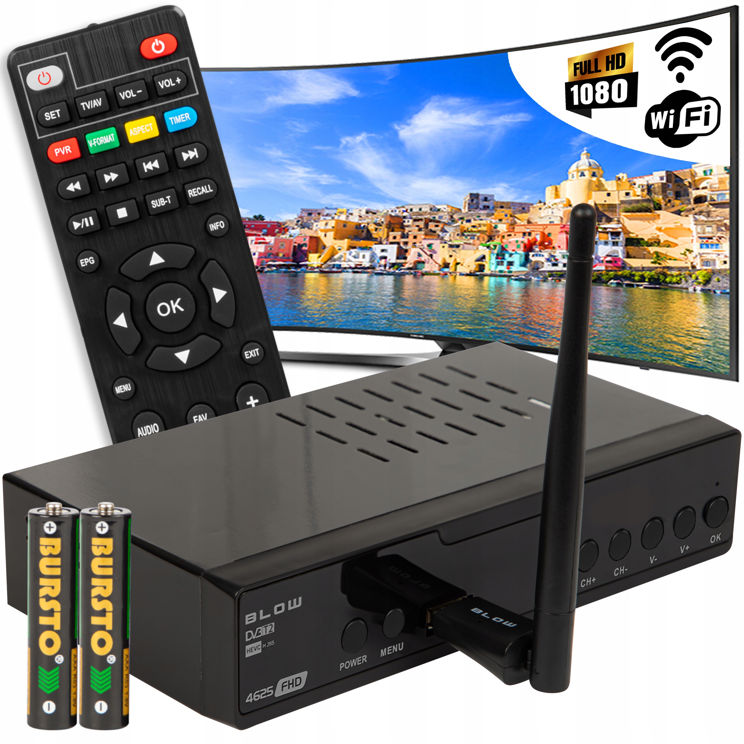 DEKODÉR TUNER DVB-T2 HEVC FULL HD USB HDMI VÝKONNÁ WIFI ANTÉNA DÁLKOVÉ ...