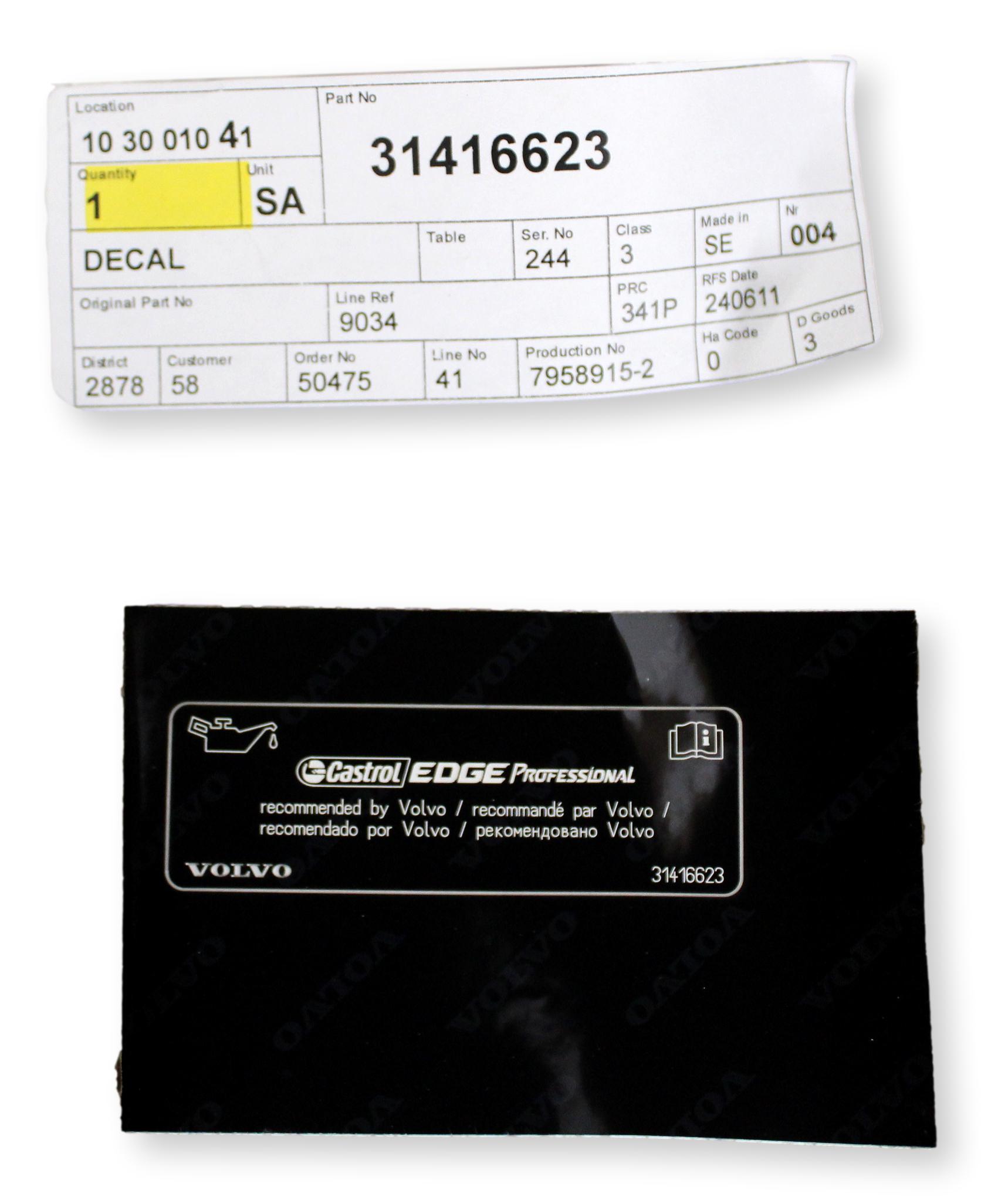 VOLVO naklejka informujaca o oleju "recommended by Volvo" OE 31416623 ...