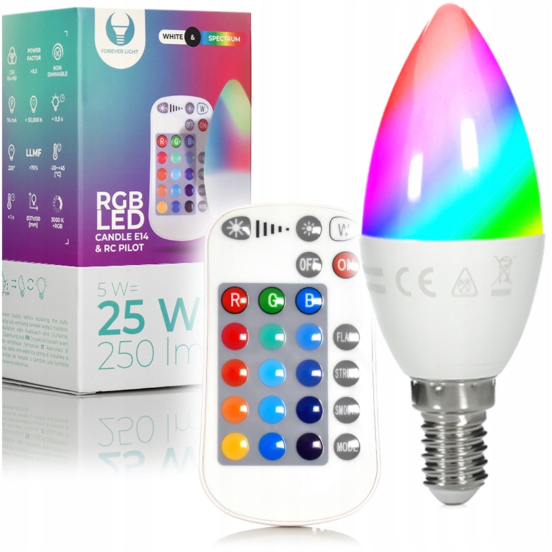 KOLOROWA ŻARÓWKA LED E14 RGB KOLORY CIENKI CHUDY GWINT RGB + W PILOT ...