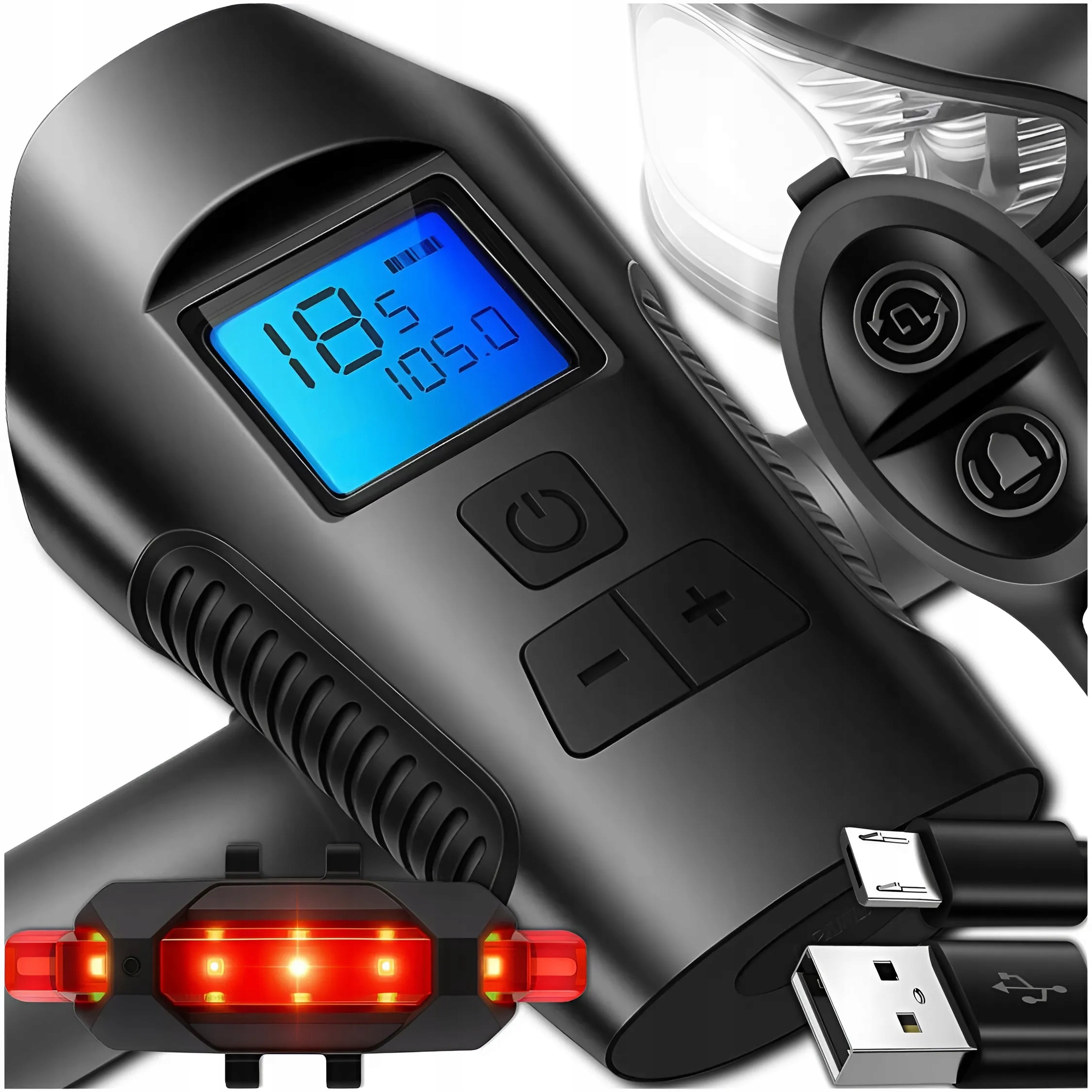 LAMPKA ROWEROWA LICZNIK BEZPRZEWODOWY PRZEDNIA TYLNA LED + KLAKSON ...