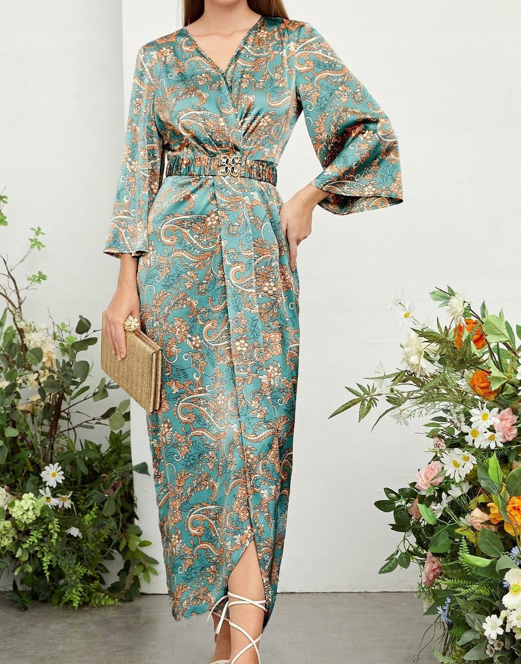 ELEGANCKA SUKIENKA MAXI SATYNOWA WZORZYSTA PROSTA PASEK DEKOLT V SHEIN L • Cena, Opinie ...