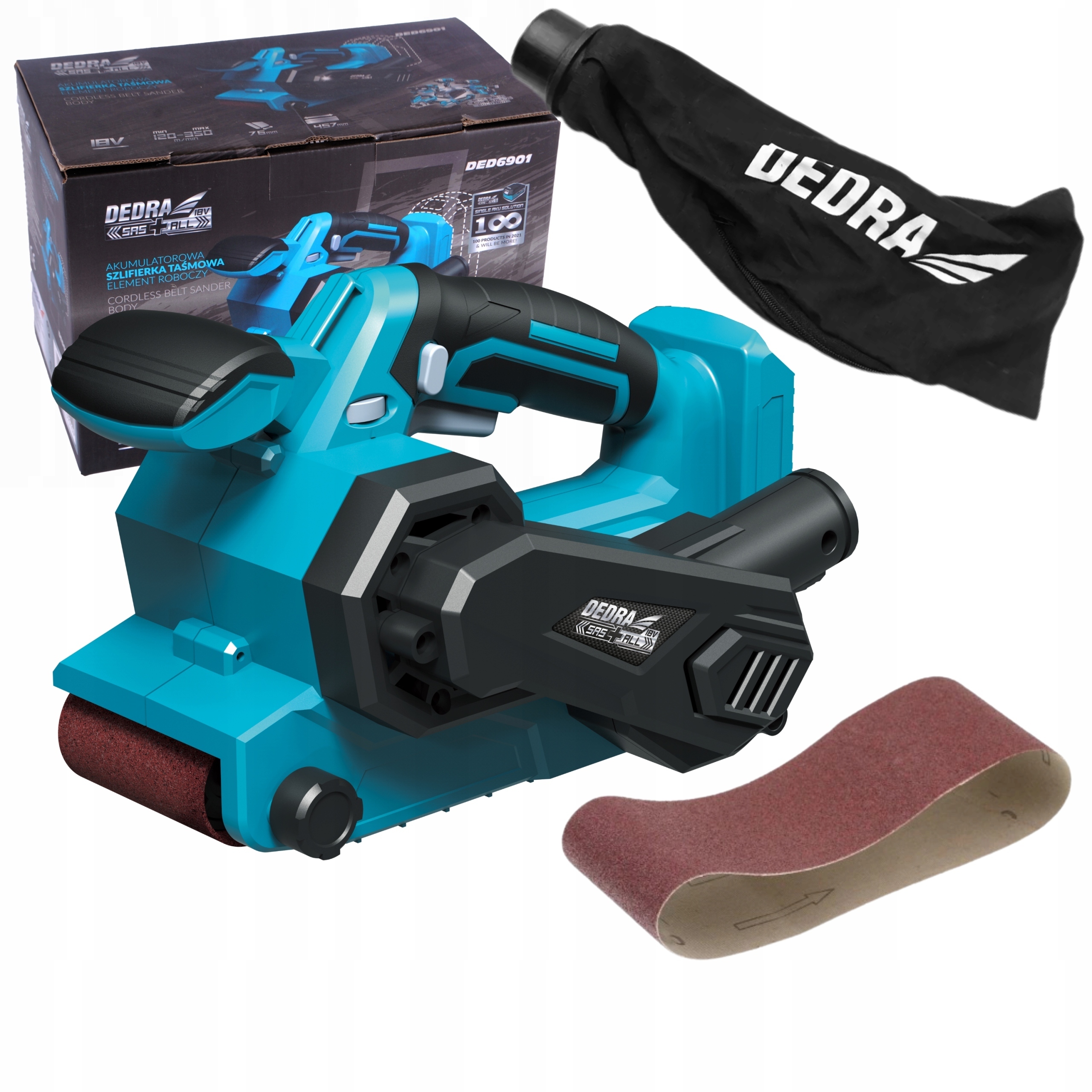 DEDRA SZLIFIERKA TAŚMOWA SAS+ALL 18V AKUMULATOROWA CZOŁG DO DREWNA METALU (5902628690104) • Cena ...
