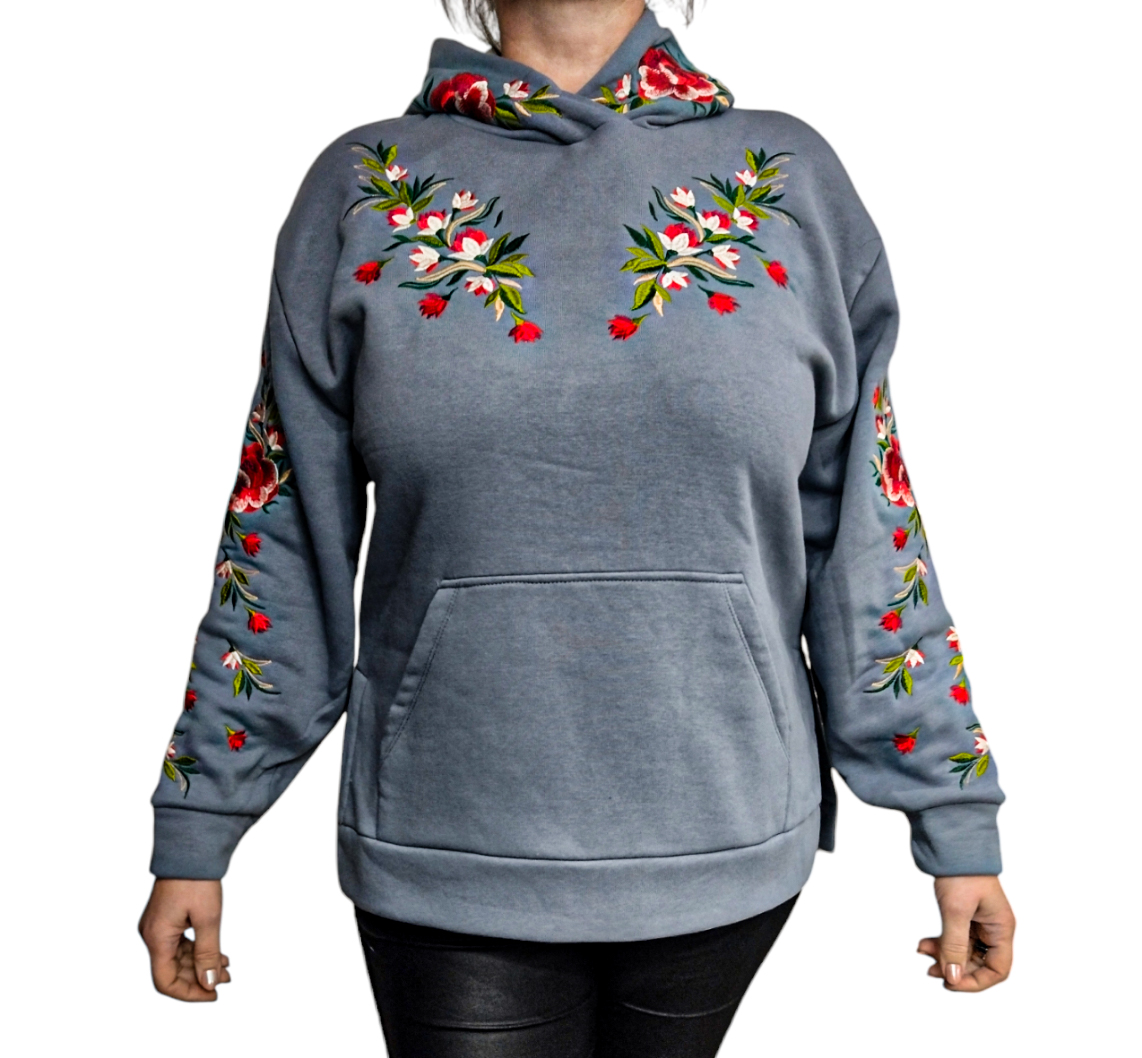 MIKINA S VÝŠIVKOU KVĚTINY L, TEPLÁ, PŘÍJEMNÁ KAPUCE, ŠEDÁ KAPSA za 1088 ...