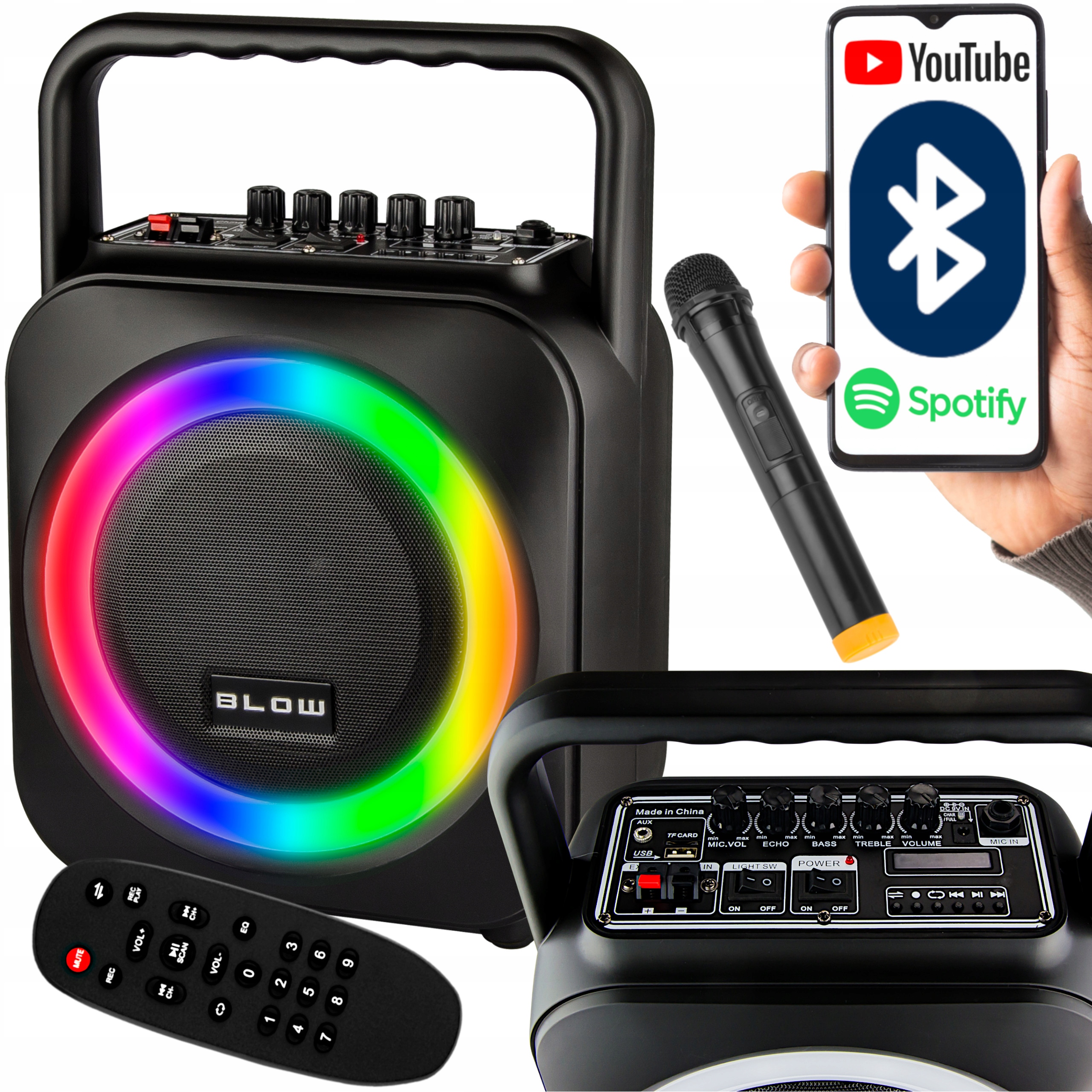BLUETOOTH REPRODUKTOR USB SD RÁDIO PŘENOSNÝ LED KARAOKE MIKROFON ...