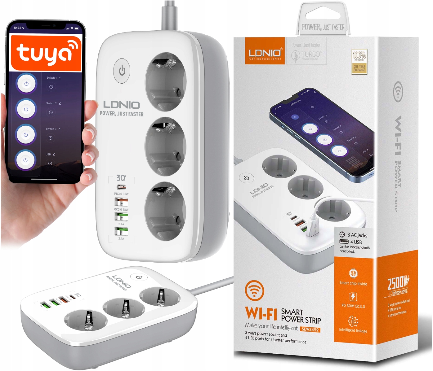 LISTWA ZASILAJĄCA SMART WiFi USB TUYA ALEXA QC3.0 PD LED Ldnio iOS Android (6933138700044 ...