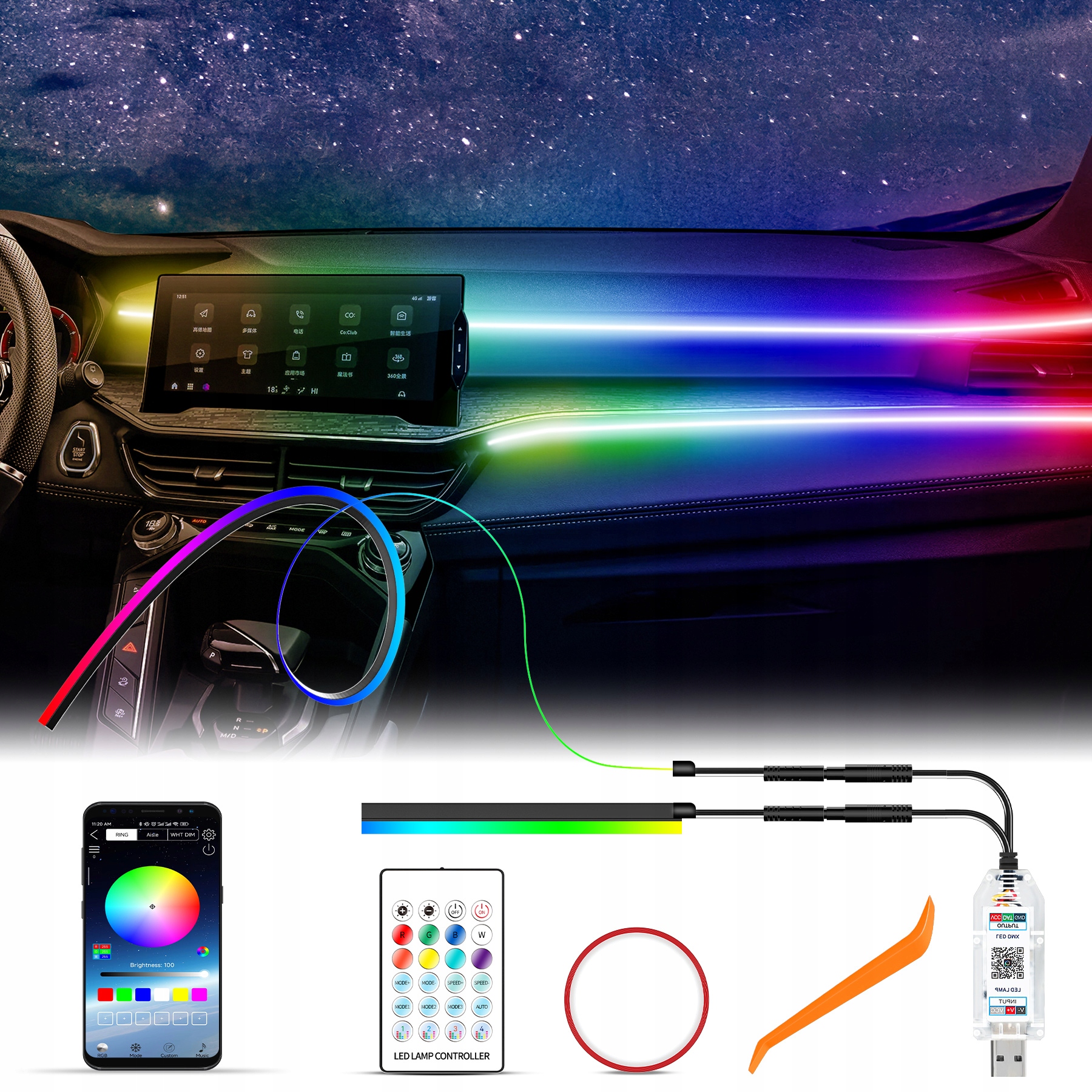 Paski LED Ledy USB WNĘTRZA AUTA Taśma kabiny samochodu oświetlenie ...