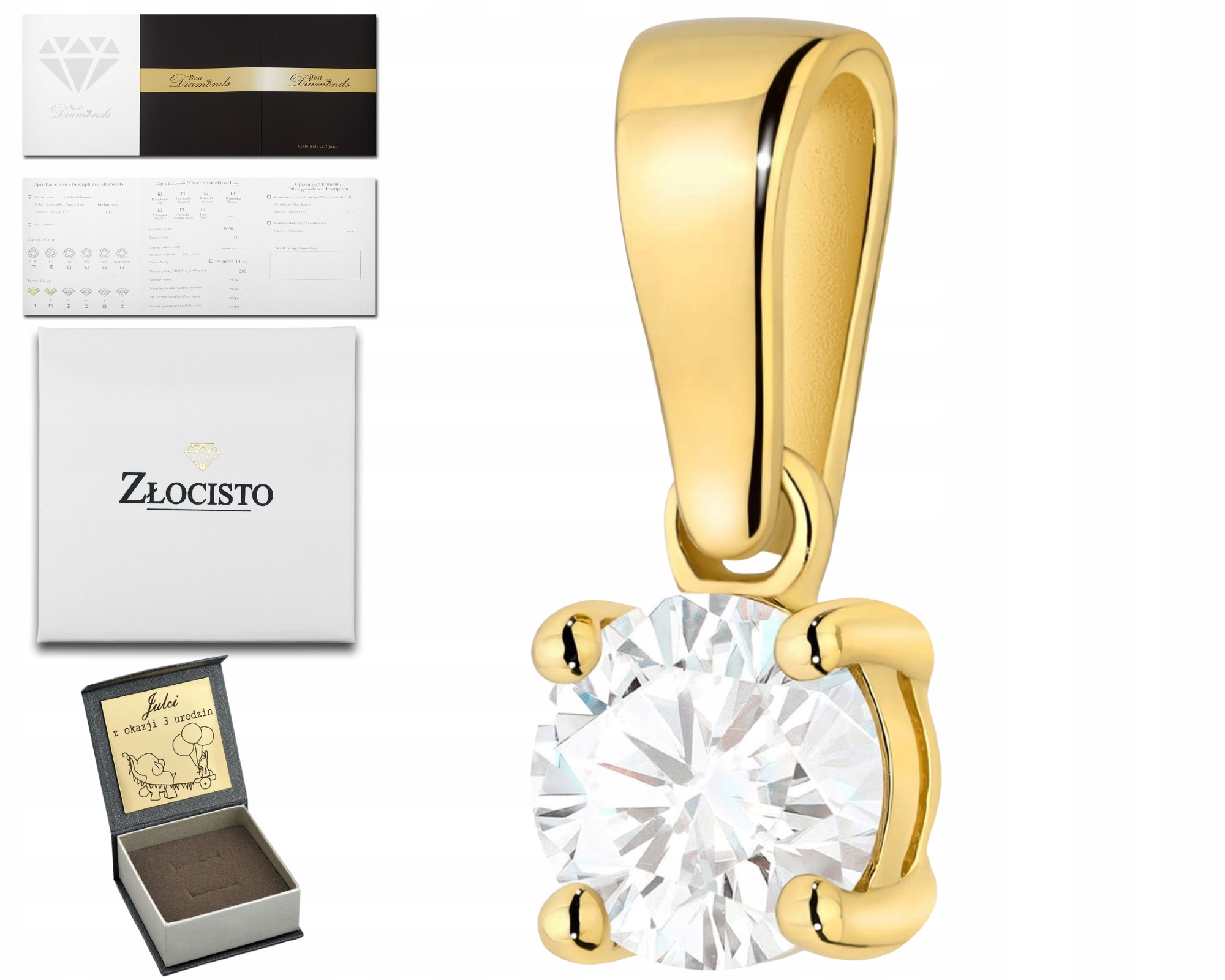 ZAWIESZKA Z DIAMENTEM ZŁOTA 585 TRENDY BIŻUTERIA LUKSUSOWY PREZENT ...