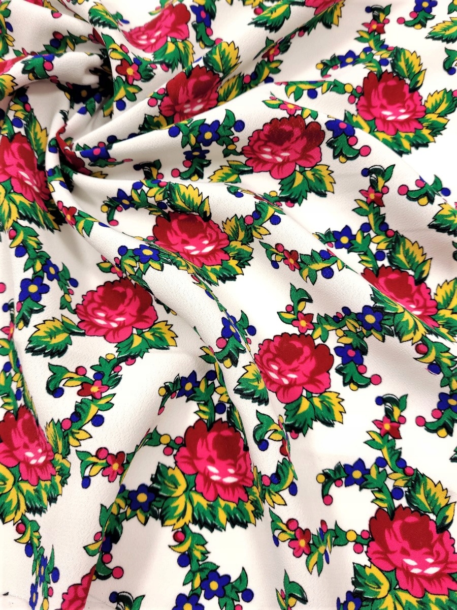 Materiał krepa wzór ludowy tkanina biały kwiaty • Cena, Opinie ...