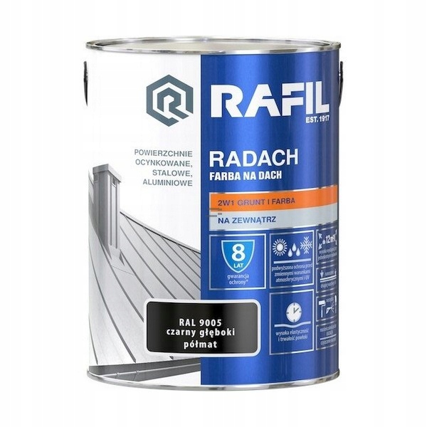Radach 5L Czarny RAL9005 PÓŁMAT farba na dach Rafil ocynk stal ...