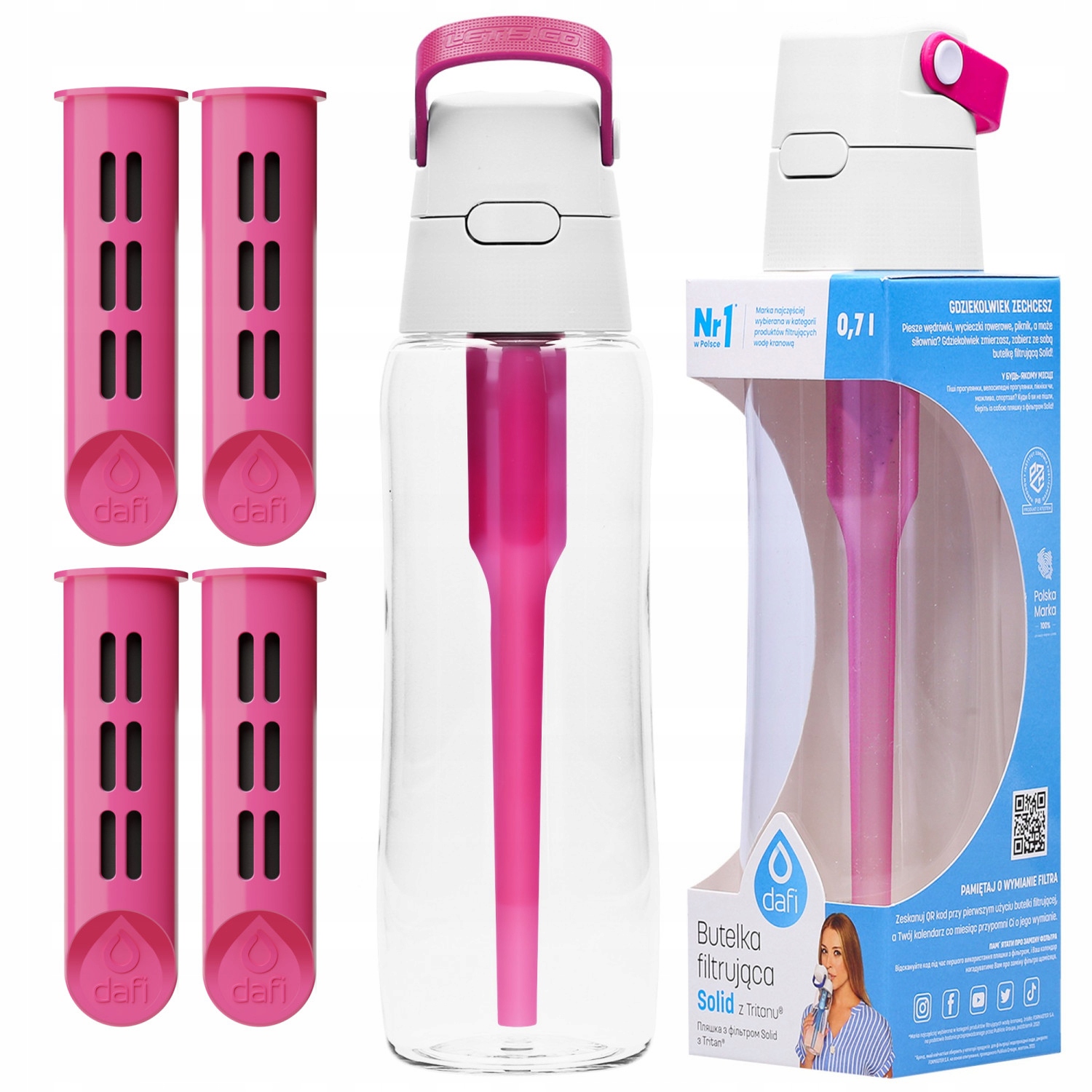 Butelka bidon filtrujący Dafi Solid 0,7l Flamingowa + 4x Filtr węglowy ...