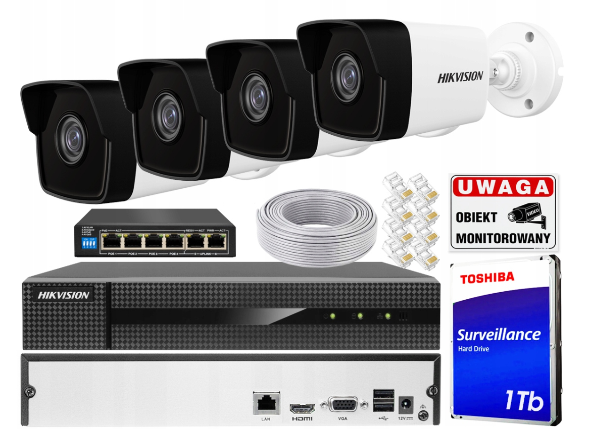 Zestaw Kamer IP HIKVISION 4Mpx PoE Rejestrator IP Aplikacja Podgląd ...