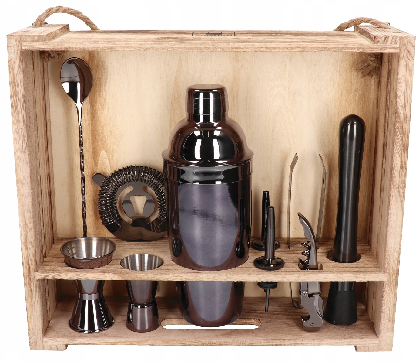 ZESTAW BARMAŃSKI DO DRINKÓW CZARNY W EKSPOZYCYJNEJ DREWNIANEJ SKRZYNI ...