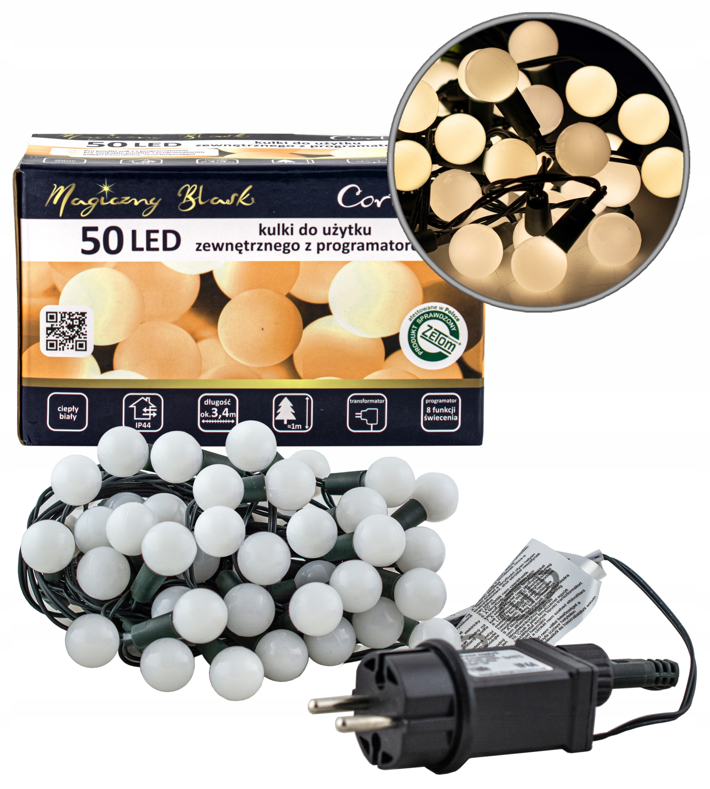 LAMPKI KULKI 50 LED SZNUR 3,5m ZEWNĘTRZNE PROGRAMATOR BIAŁY CIEPŁY ...
