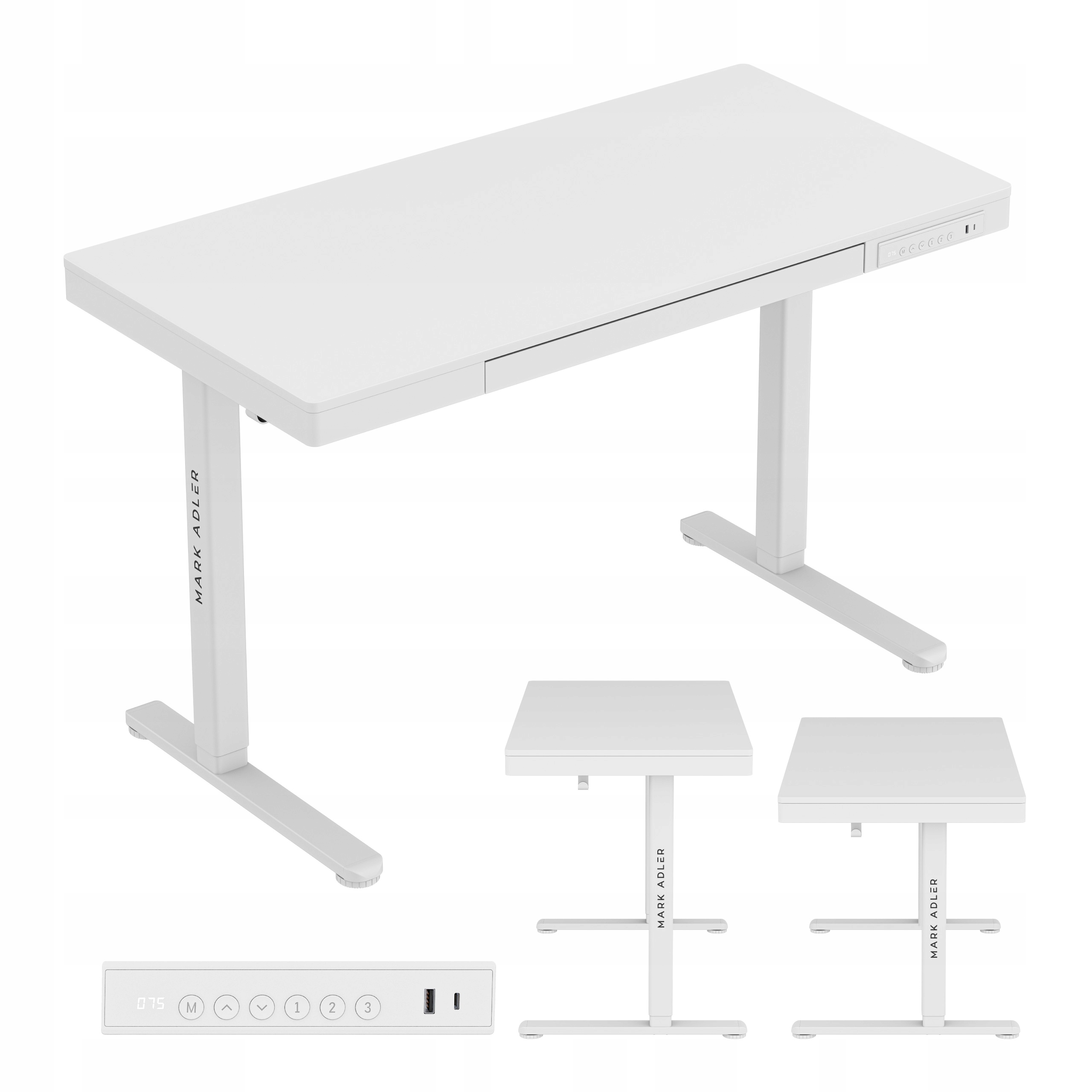 Biurko Elektryczne Komputerowe MarkAdler REGULOWANE Białe USB SZUFLADA ...