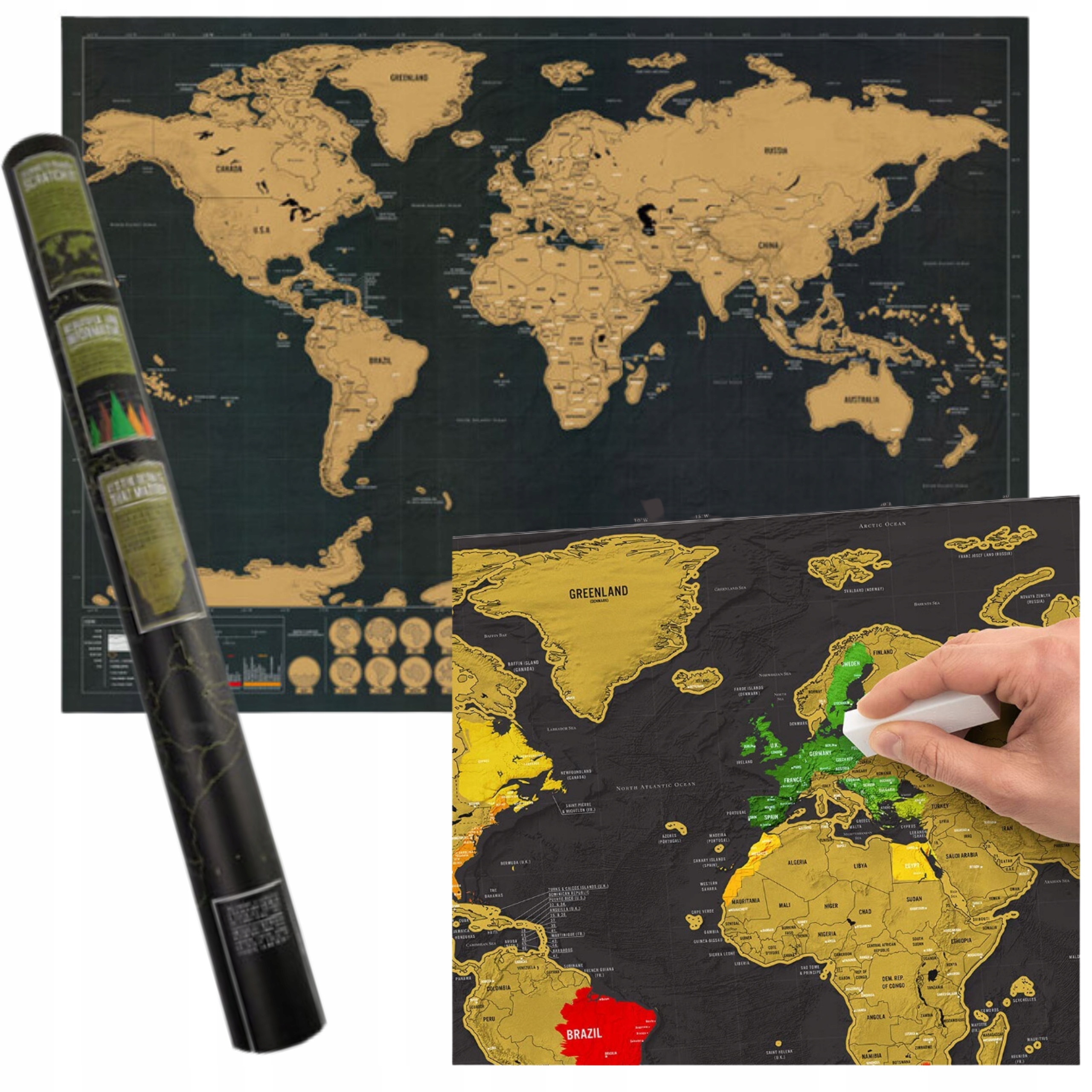 MAPA SWIATA ZDRAPKA CZARNO ZLOTA W TUBIE PREZENT (5905172305357) • Cena ...