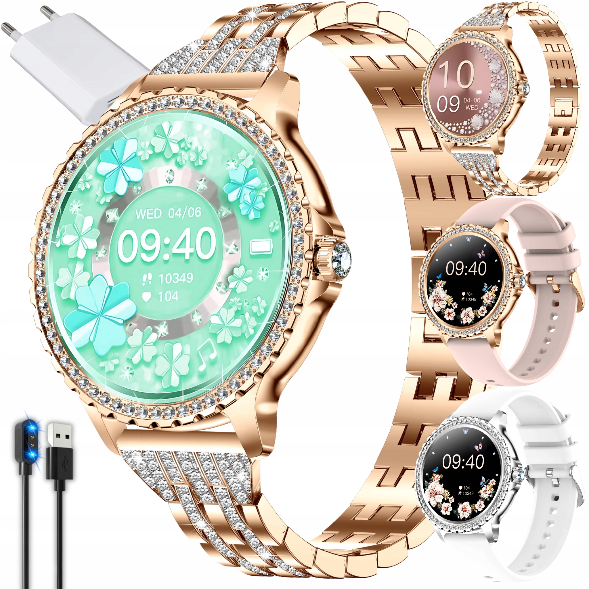 SMARTWATCH ZEGAREK DAMSKI CYRKONIE PULS ROZMOWY CIŚNIENIE KROKI MENU PL ...