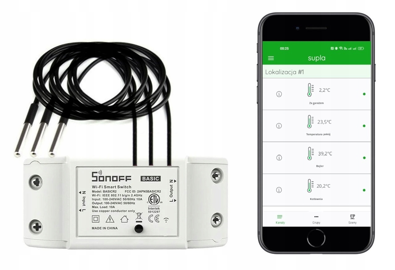 Sonoff Basic 3x2 metry termometr WIFI termostat SUPLA czujnik ...
