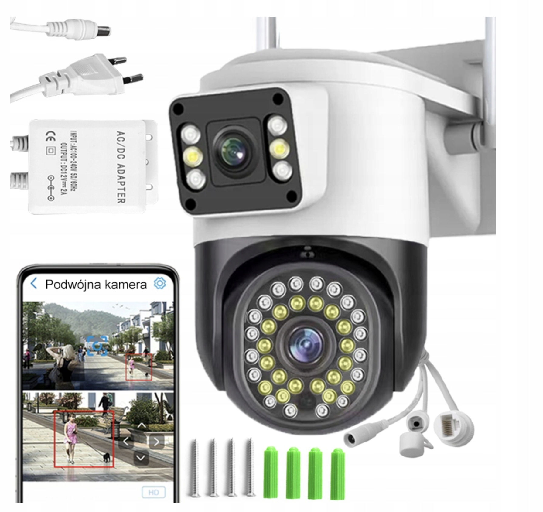 PODWÓJNA KAMERA WIFI IP SMART ZEWNĘTRZNA OBROTOWA QHD 2x 4MP ZOOM ...