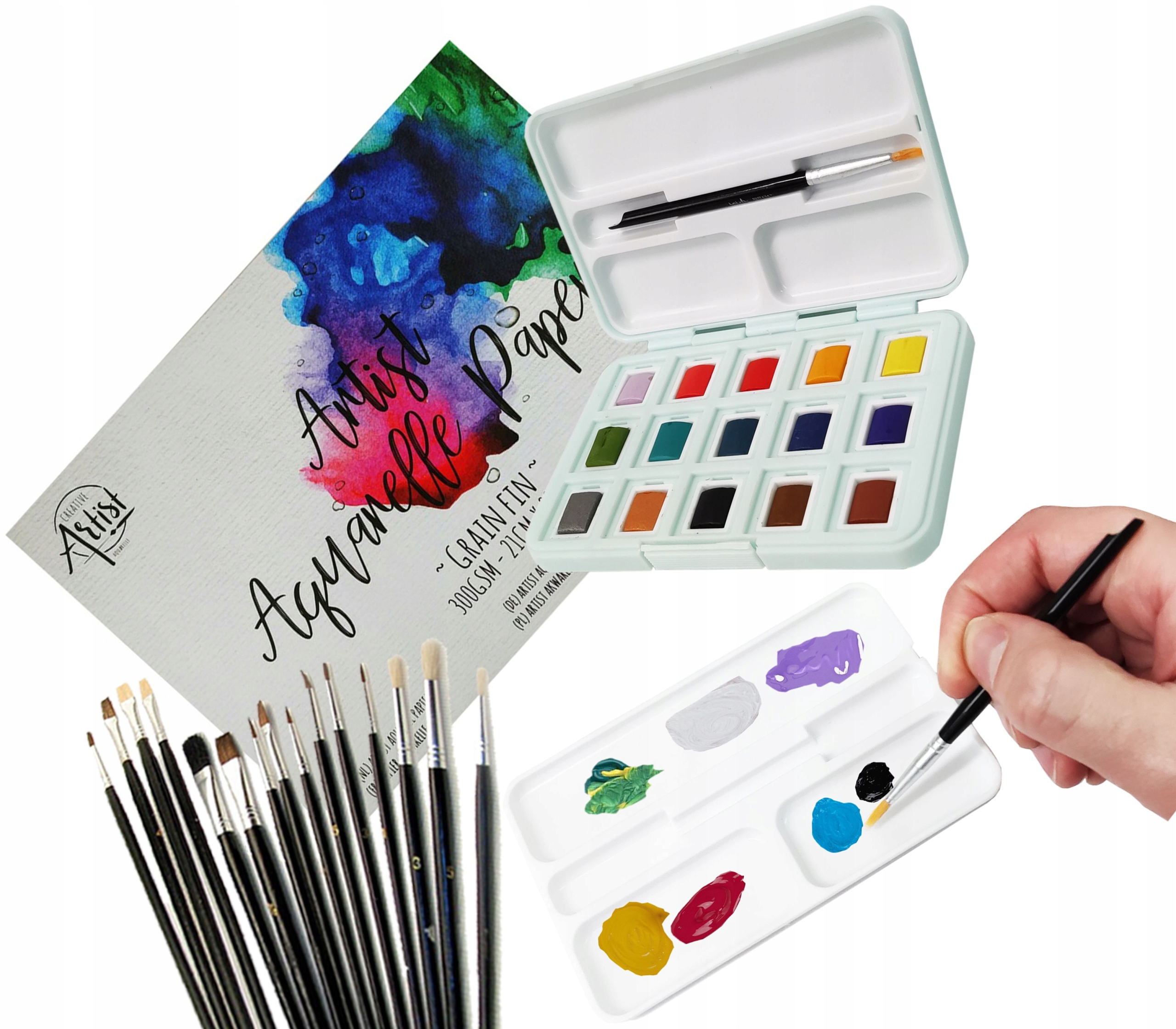 ZESTAW AKWARELI FARBY AKWARELE BLOK PĘDZLE PALETKA 13349198155 - Allegro.pl