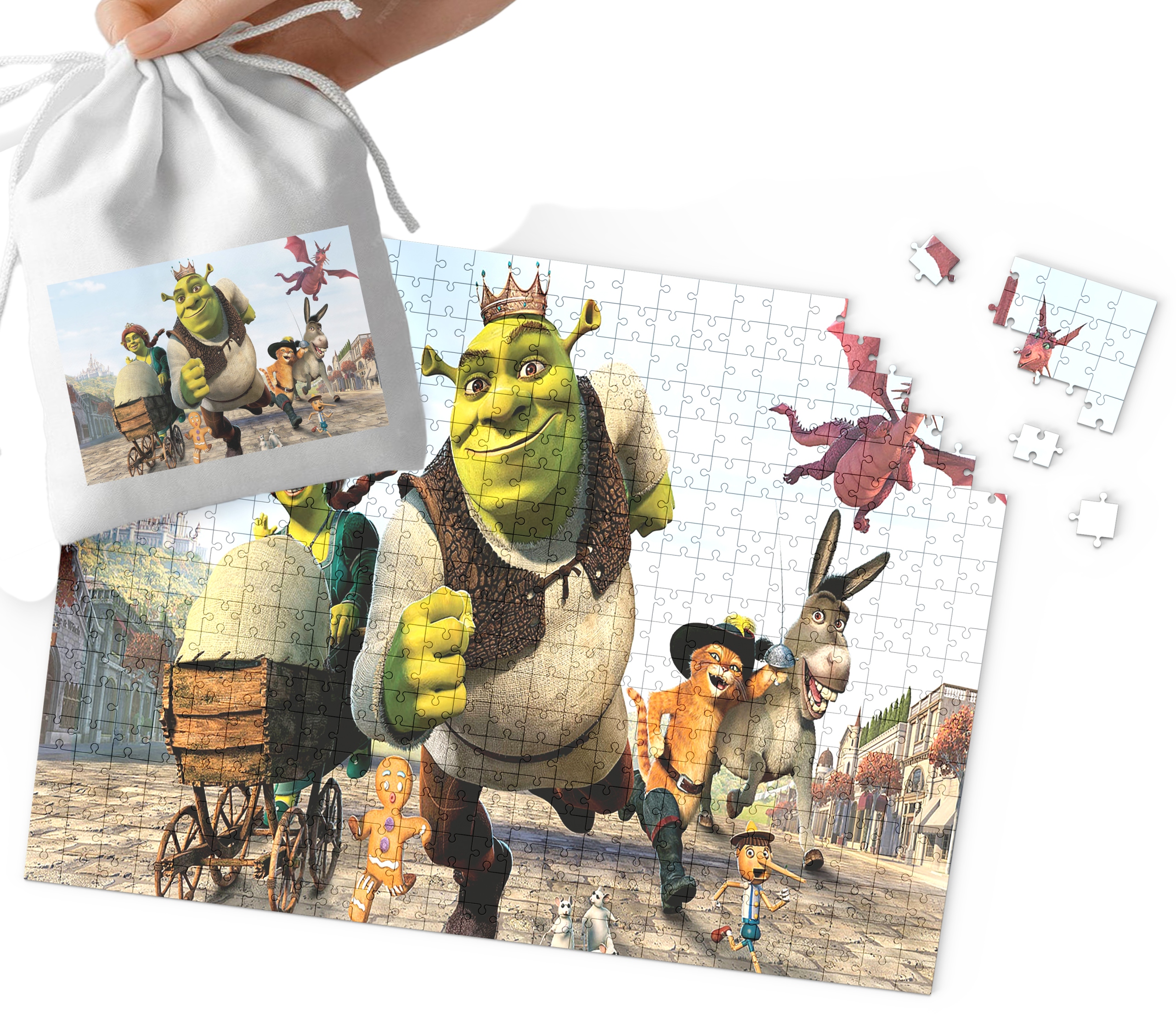 PUZZLE - SHREK OSIOŁ KOT W BUTACH WZORY Z BAJEK PREZENT 252el +WORECZEK ...