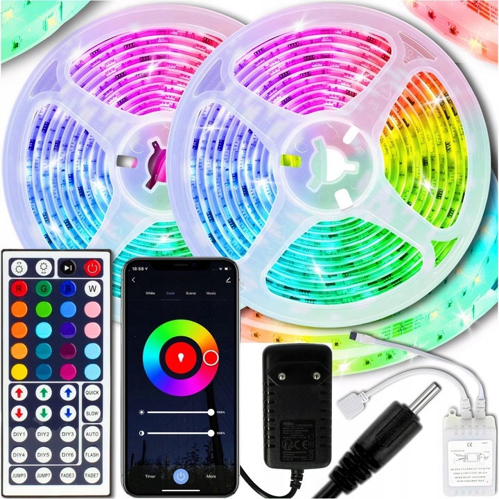 TAŚMA LED RGB 10M KOLOROWA WODOODPORNE LEDY PILOT BLUETOOTH PREMIUM ...
