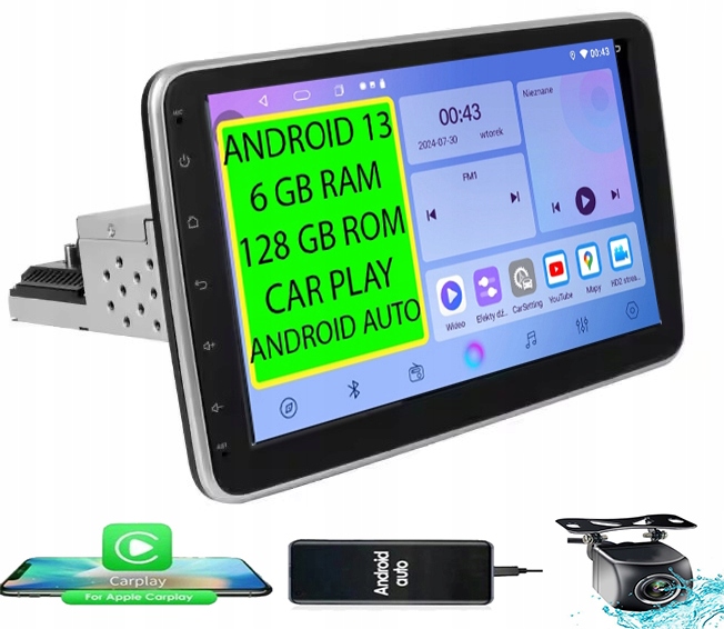 RADIO 1DIN ANDROID OBROTOWE 6/128GB CARPLAY WIFI SIM 4G LTE ANDROID 13 ...