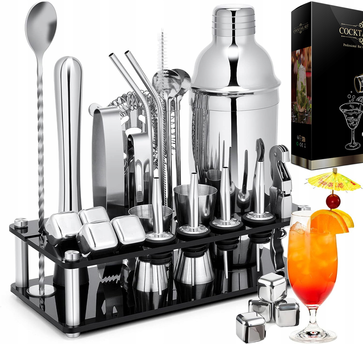 ZESTAW BARMAŃSKI DO DRINKÓW SHAKER Z STOJAK AKRYLOWY 25 ELEMENTY ...