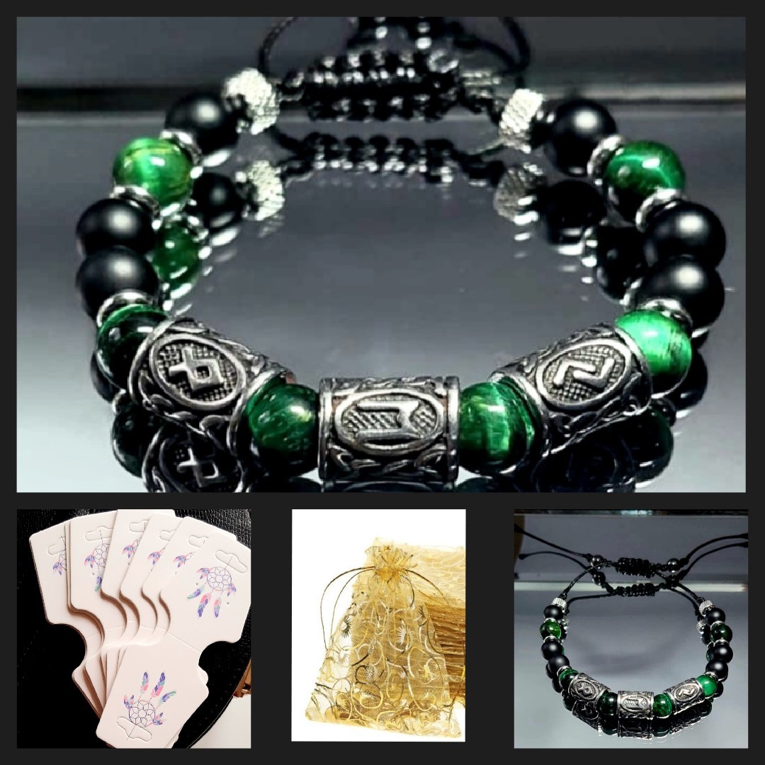 BRANSOLETKA TRZY RUNY WIKINGÓW DO WYBORU STAL KAMIEŃ TYGRYSIE OKO NA ...