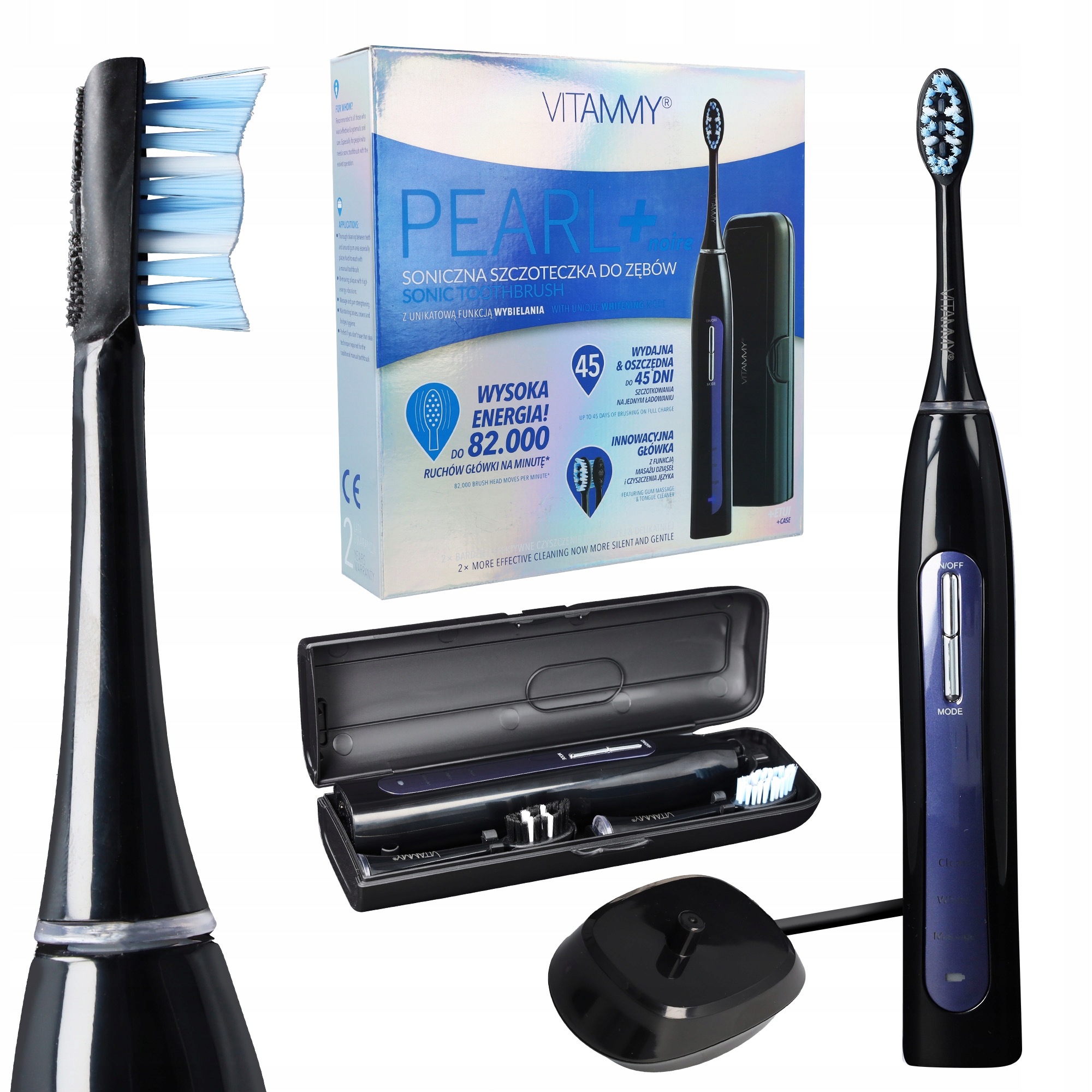 SZCZOTECZKA SONICZNA ELEKTRYCZNA DO ZĘBÓW + ETUI VITAMMY PEARL+ CZARNA (5901793640358) • Cena ...