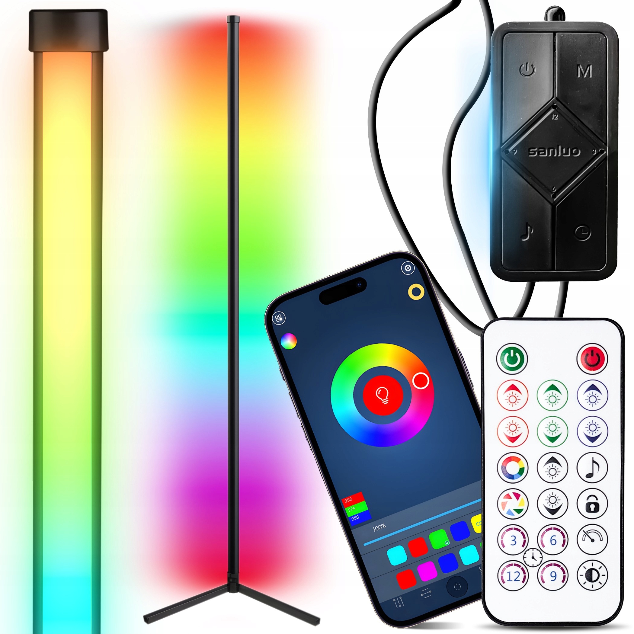 LAMPA NAROŻNA PODŁOGOWA STOJĄCA RGB LED PILOT APLIKACJA MUSIC SENSOR ...