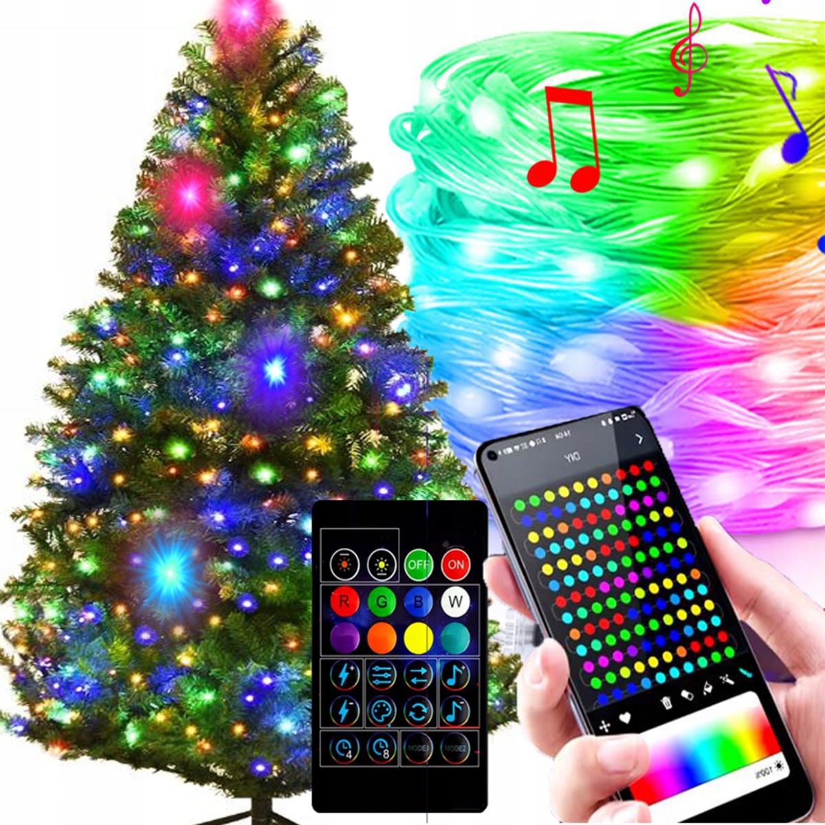INTELIGENTNE Lampki choinkowe 200 LED RGB USB Bluetooth 20m Aplikacja ...