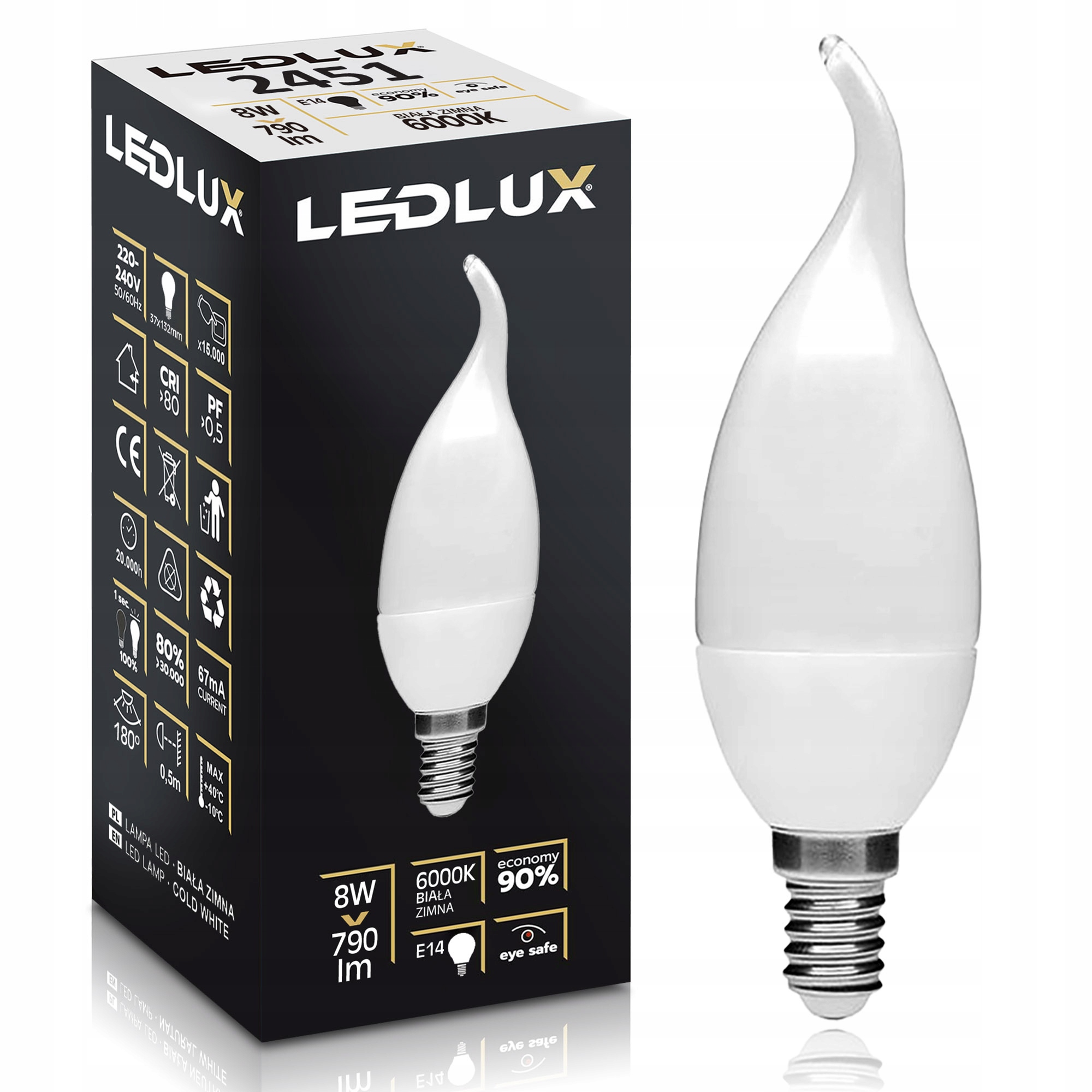 Żarówka LED E14 8W =80W SMD 6000K zimna Premium LEDLUX nie mruga PŁOMYK ...