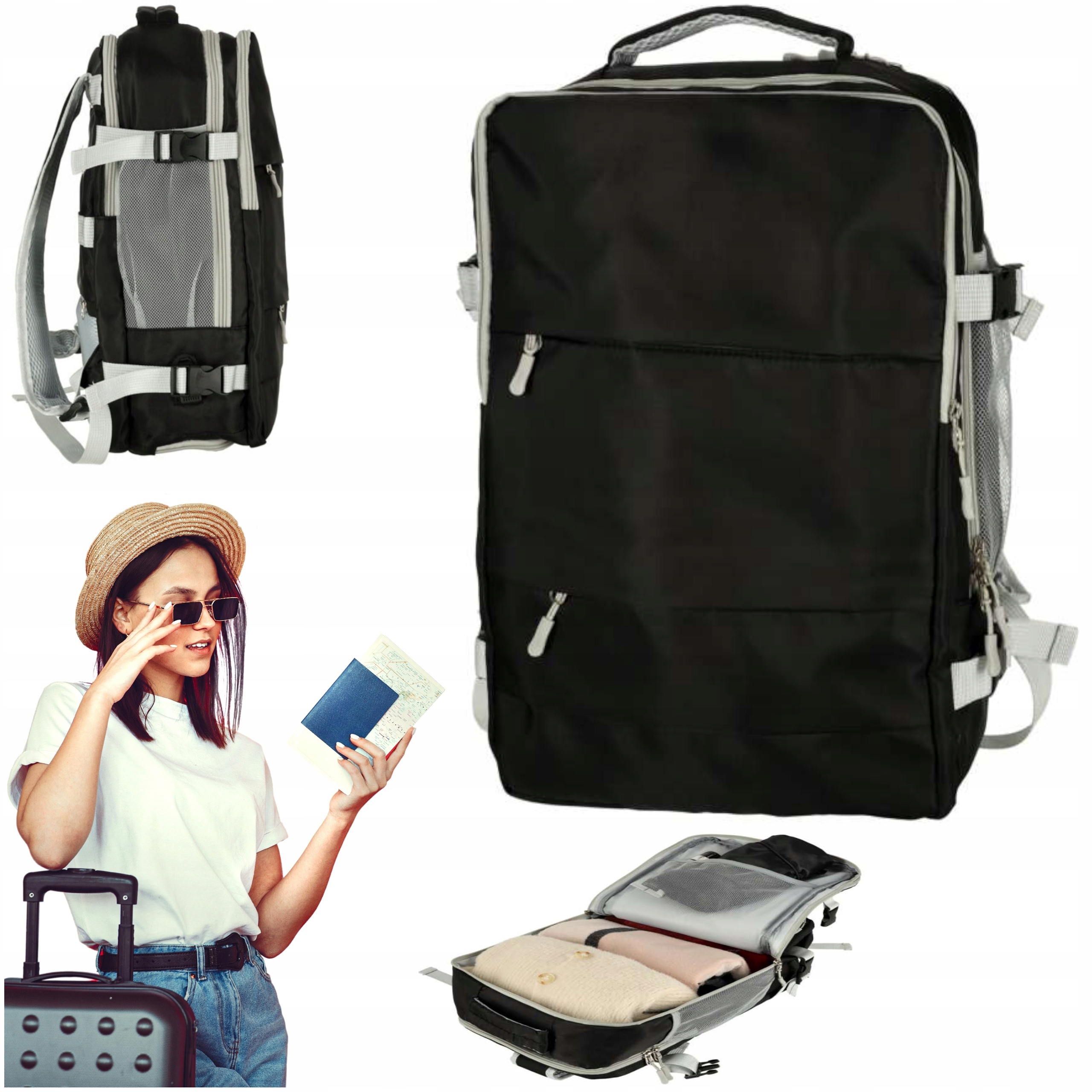 BATOH DO LETADLA CESTOVNÍ PŘÍRUČNÍ ZAVAZADLO Ryanair WizzAir USB ČERNÝ ...