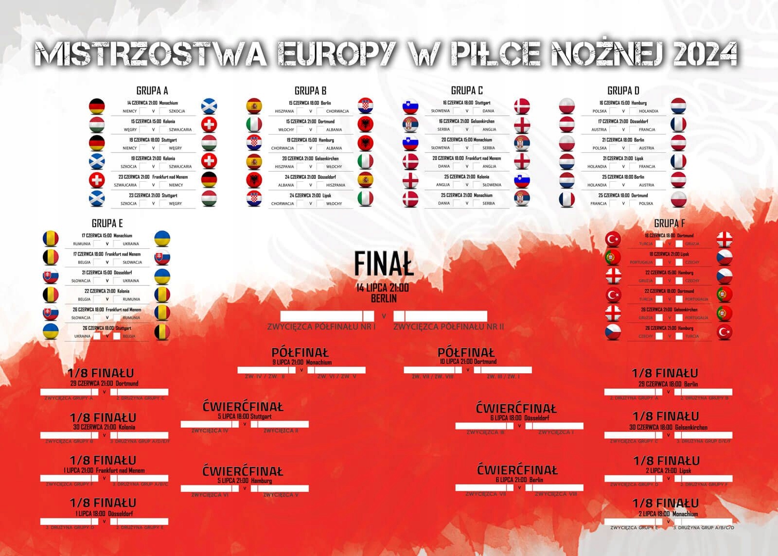Plakat Tabela Rozgrywek Euro 2024 Mistrzostw Europy w piłce nożnej ...