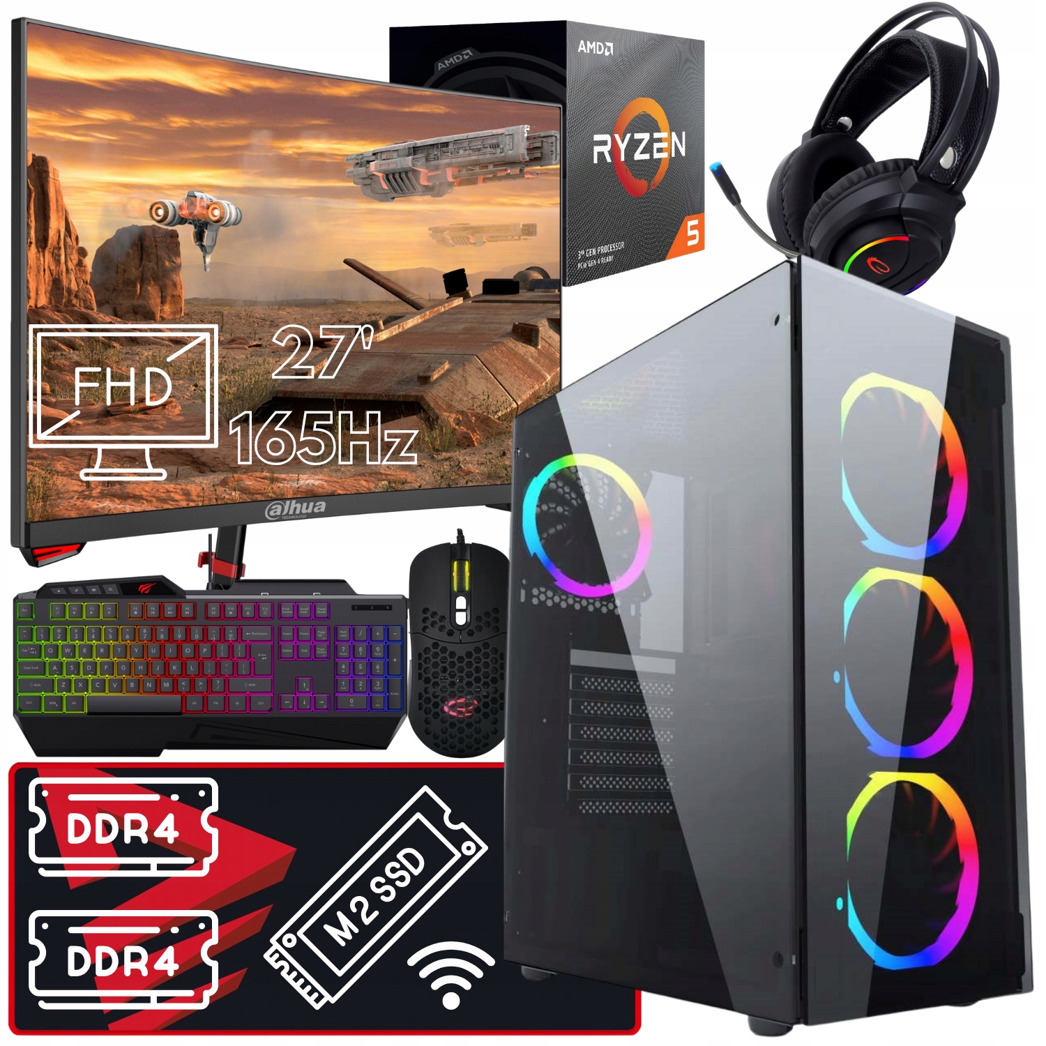 KOMPUTER DO GIER ZESTAW GAMING RYZEN 5 3,7 GHZ WINDOWS 165HZ 27 CALI ...