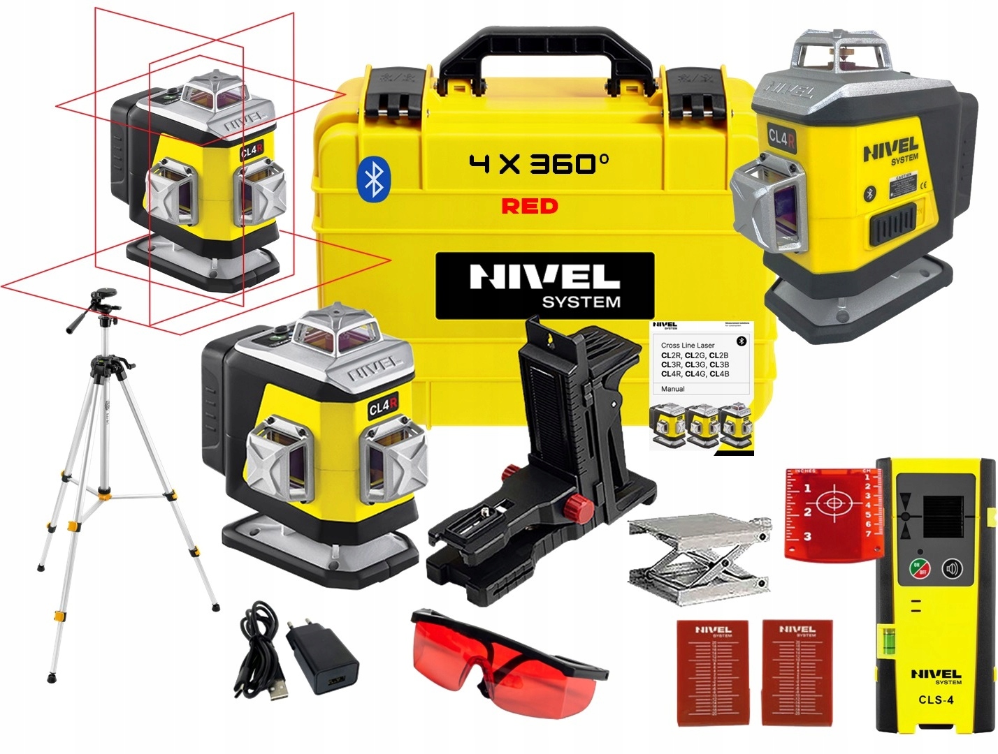 LASER KRZYŻOWY CL4R 4x360 NIVEL SYSTEM RED ZESTAW+ STATYW 1,83m + ODB.CLS-4 (5908263350489 ...