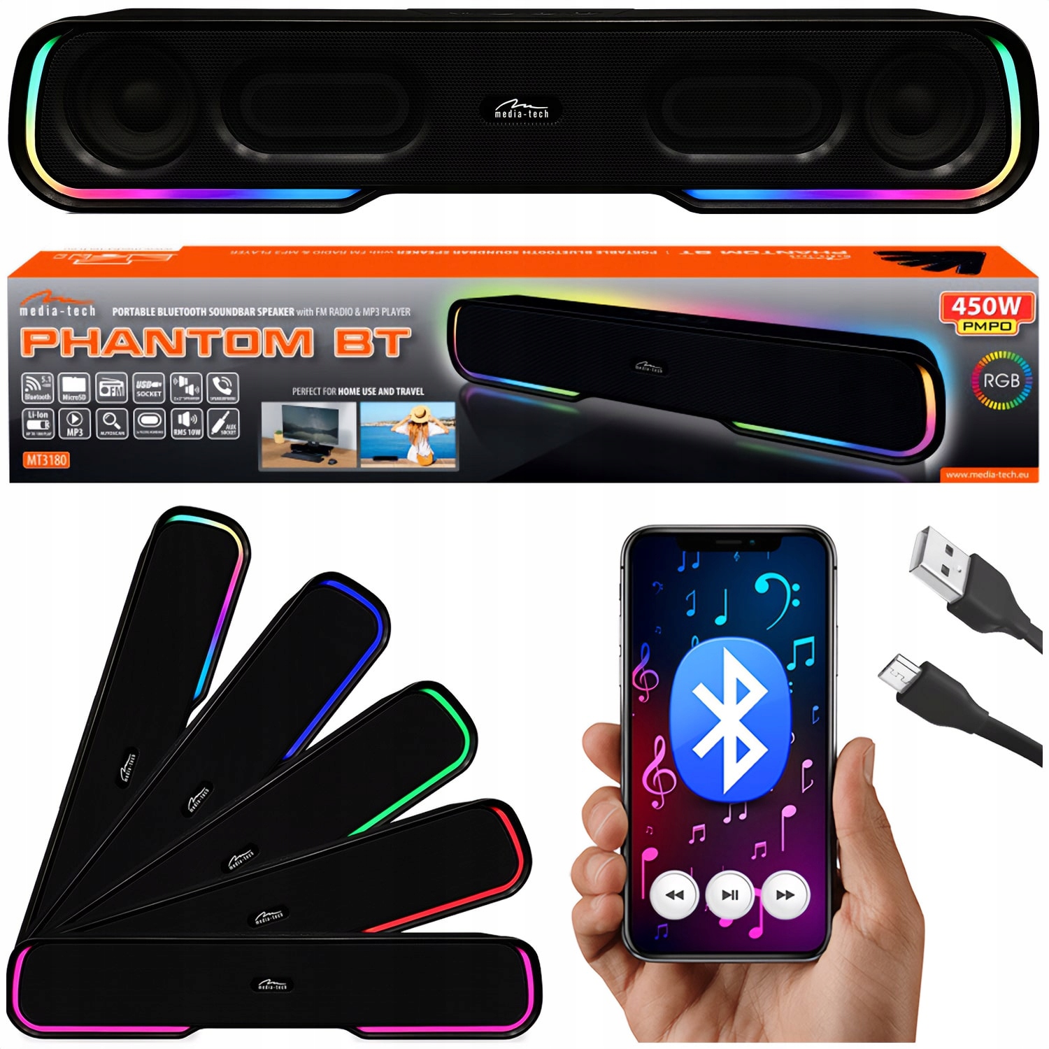 Głośnik Soundbar Bluetooth 5.1 Phantom Media-Tech MT3180 Podświetlenie ...
