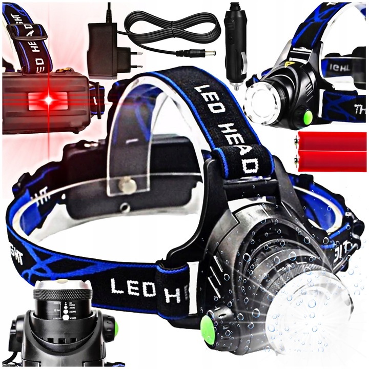 Latarka Czołowa LED Akumulatorowa Czołówka MOCNA ZOOM Lampka na Głowę ...