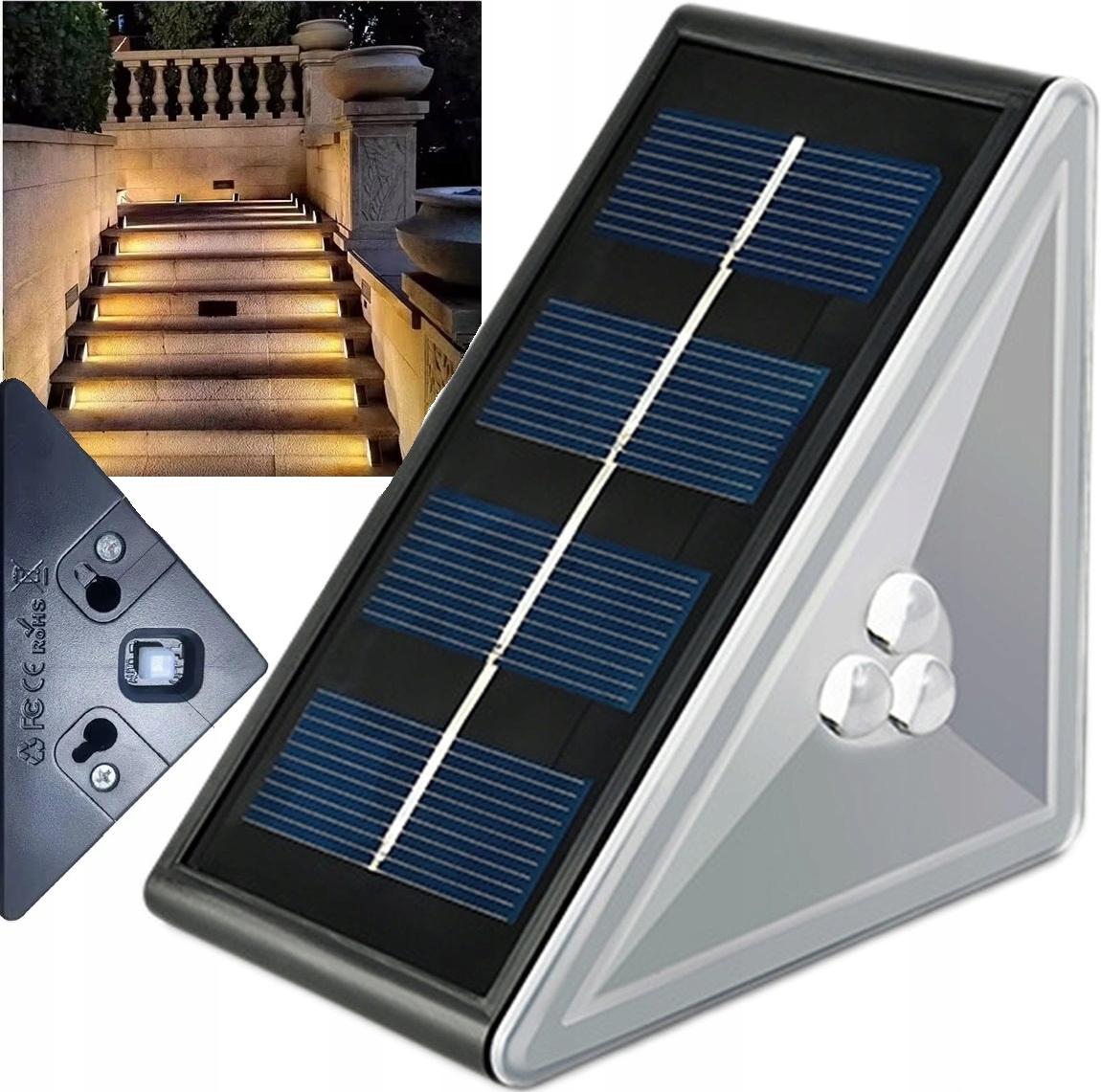 LAMPKA SOLARNA LED PIR CZUJNIK ZMIERZCHU ZEWNĘTRZNA LAMPA SCHODOWA IP67 ...