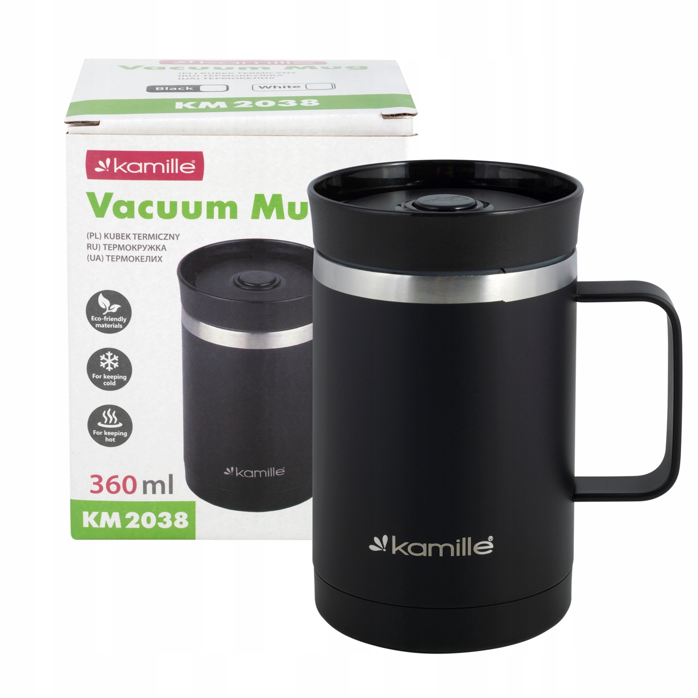 KUBEK TERMICZNY Z UCHEM TERMOS STALOWY SCZELNY pojemny bidon KAMILLE 360 ml - KM2038 ...