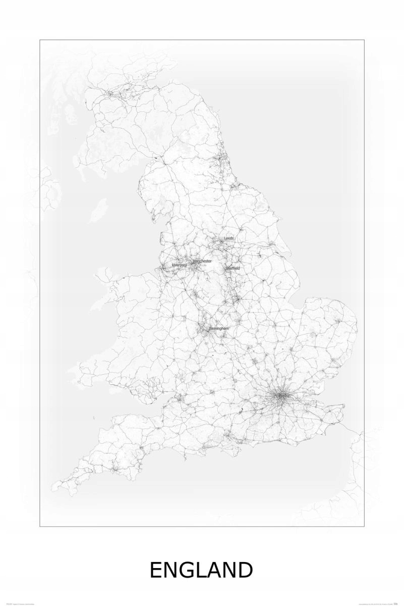 Plakat Czarno biała mapa Anglii England Plakat bez ramy 61 x 91,5 cm ...