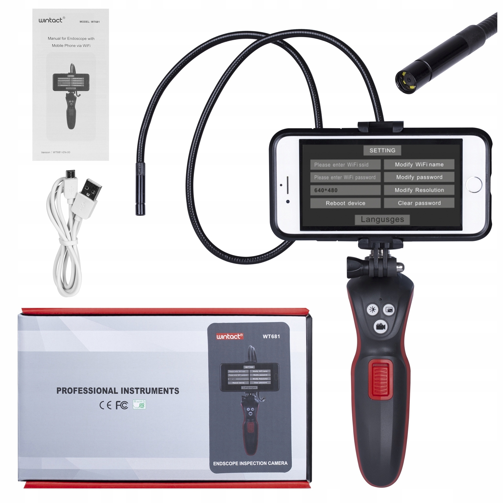 ENDOSKOP KAMERA INSPEKCYJNA 6LED WIFI USB IP67 FULLHD 8,5mm ZESTAW ...
